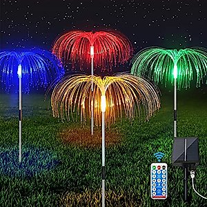 4 in 1 Solar Fiber Optic Lights with Remote Solar Flower Garden Lights Waterproof Solar Outdoor Decorations 7 Color Changing Solar Jellyfish Lights for Garden Patio Lawn Pathway Landscape Decor
