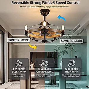 MADSHNE 24" Caged Ceiling Fan with Lights and Remote,Small Rustic Farmhouse Ceiling Fan,Black Bladeless Candle Chandelier Ceiling Fan, Reversible (Bulbs Included)
