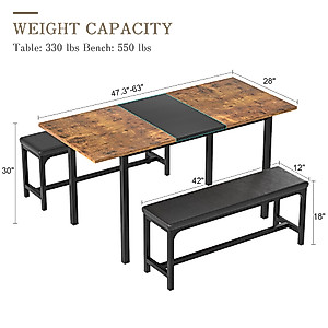 VECELO 3-Piece 63" Extendable Kitchen Table with Benches/Chairs, Modern Breakfast Dinette/Dining Room Set for 4/6/2, Small Space Saving Design, Easy Assembly