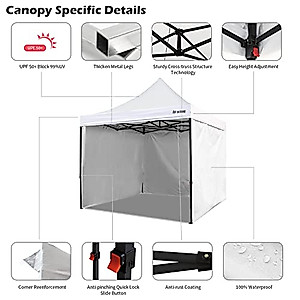 OUTFINE Canopy 10x10 Pop Up Commercial Canopy Tent with 3 Side Walls Instant Shade, Bonus Upgrade Roller Bag, 4 Weight Bags, Stakes and Ropes (White, 10*10FT)