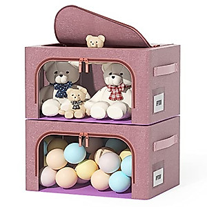 2 Pack Stackable Storage Bins - Foldable Metal Frame Storage Boxes for Clothes Double Zipper Fabric Box Organizer Set with Carrying Handles and Clear Window (11L, Red)