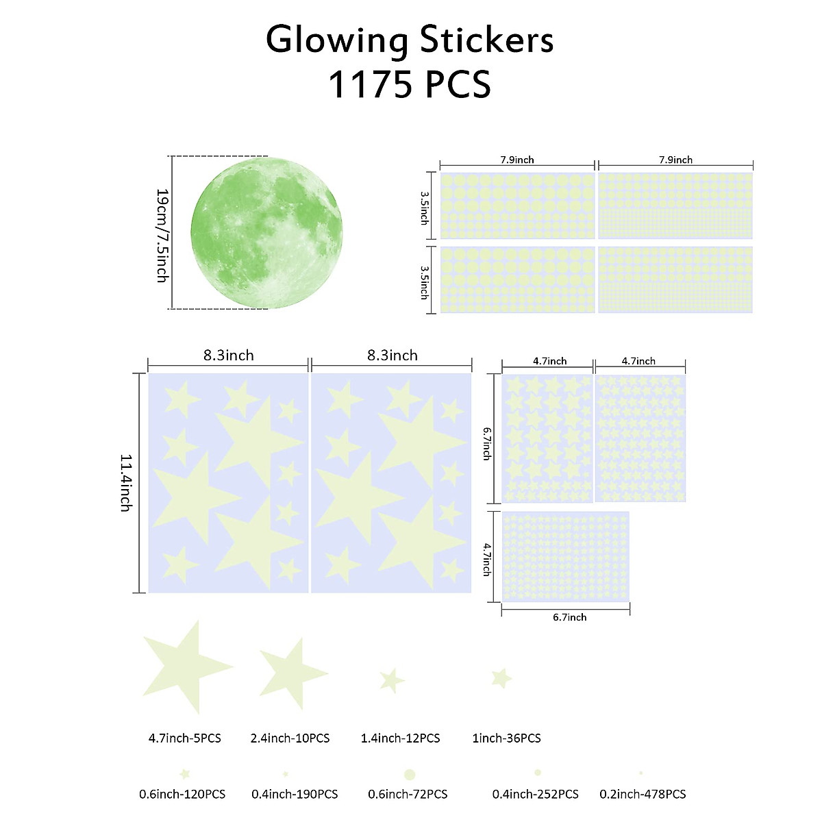 1049 Pieces Luminous Sticker Wall Decal Luminous Stars self-Adhesive Children's Room Wall Stickers Moon and Stars Fluorescent Wall Stickers, Stickers for Children's Rooms Girls Decorative