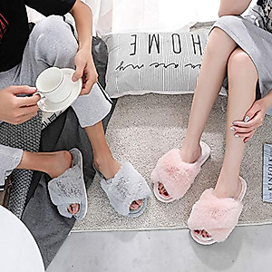 HUMIWA Grey Women's Cross Band Slippers Soft Open Toe Furry Cozy Fur House Slippers Memory Foam Sandals Slides Soft Anti-Slip on Home Slippers for Girls Men Indoor Outdoor