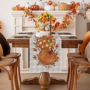 Romanstile Pumpkin Leaves Fall Table Runner, Buffalo Plaid Autumn Thanksgiving Harvest Farmhouse Style Table Decoration for Dining, Party, Holiday - 13x72 Inch, Grey Blue