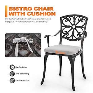 NUU GARDEN Bistro Set 3 Piece Outdoor All Weather Cast Aluminum Patio Bistro Set Patio Table and Chairs Set of 2 with Umbrella Hole and Grey Cushions for Backyard, Balcony, Lawn, Black