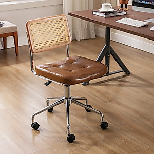 Zesthouse Mid Century Home Office Chair Leather Desk Chair with Rattan Back, Vanity Chair for Girls Women, Upholstered Swivel Chair, Adjustable Height Computer Task Chair