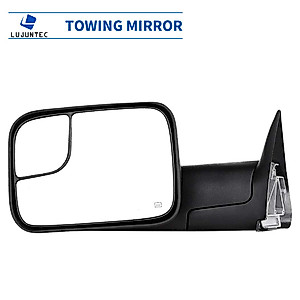 LUJUNTEC Towing Mirror Fits for 2002-2008 For Dodge For Ram 1500 2003-2009 For Dodge For Ram 2500/3500 Tow Mirror Piece Driver Side Power Adjust Heated No Turn Signal Light Black Housing