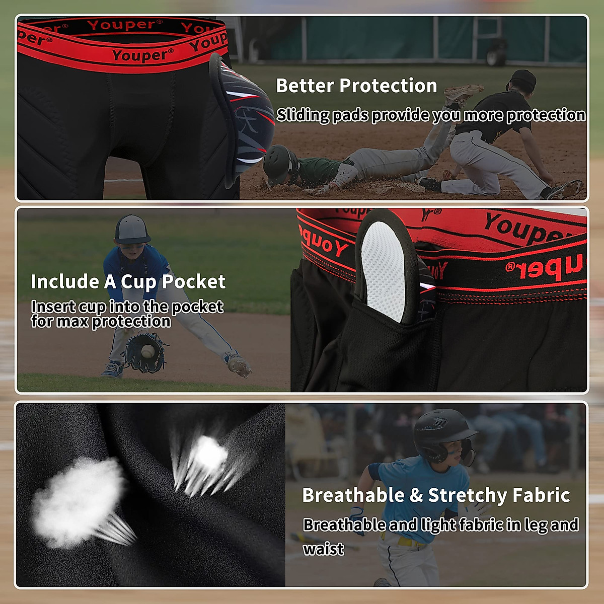 Youper Boys Youth Padded Sliding Shorts with Soft Protective Athletic Cup for Baseball, Football, Lacrosse (Black Red, Medium)