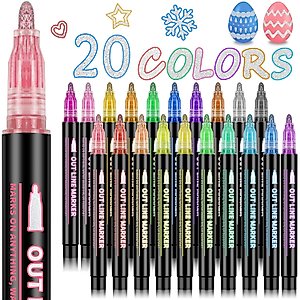20 Colors Glitter Markers Outline Pens Shimmer Metallic Markers Drawing Crafts Art Supplies Trendy Gift Idea for Girls Teens Birthday Christmas Stocking Stuffers Easter