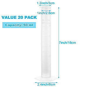 AKOLAFE 20 Pack 50 ml Graduated Cylinder Set Plastic Graduated Cylinder for Hydrometer Test Tubes Clear Lab Cylinders with Raised Marking & Spout Measuring Cylinder Flask Beaker for Chemistry Science