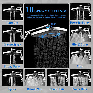 10+9 Functions High Pressure Rain/Rainfall Shower Heads With Handheld Spray Combo(Built-in Power Wash Mode), 10 Inch Double/Dual Shower Head With Handheld - Height/Angle Adjustable(Polished Chrome)