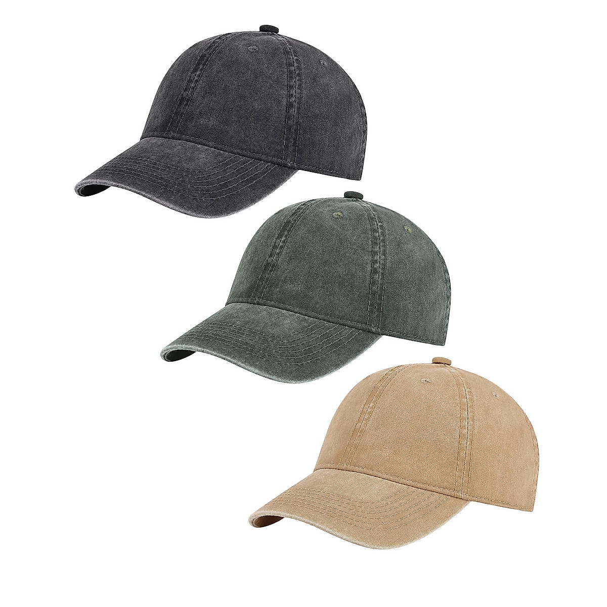 AOSMI 3 Pack Vintage Washed Cotton Adjustable Distressed Baseball Caps Men Women Summer Unstructured Soft Low Profile Blank Plain Ball Caps Workout Dad Hat Black Green Khaki