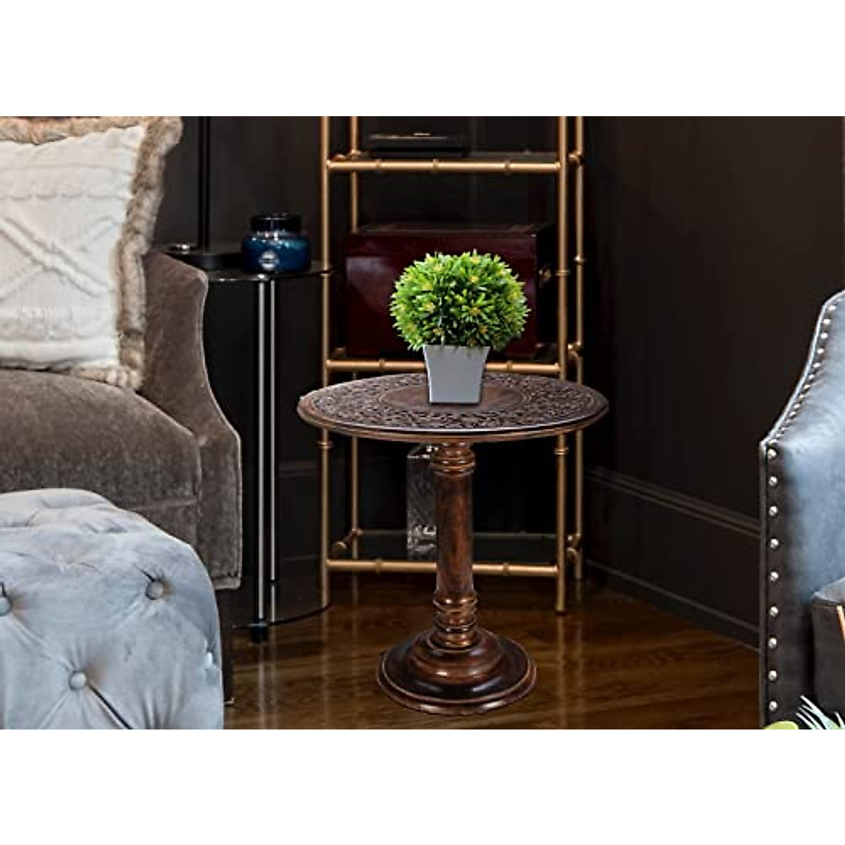 Round End Table,Small Table,Side Table, Side Tables Living Room,End Table,Round Side Table,Altar Table, Carved Side Table,Wood Accent Table,Carved Wood Table Single Pillar 18x22 inch Burnt