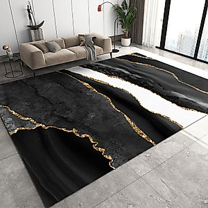 Area Rugs 3x5ft, Black White Marble Texture Living Room Decor Carpet, Gold Stripe Light Luxury Coffee Table Rug, Fluffy Soft Washable Breathable Durable for Hotel Home Decor Entrance Hall Patio