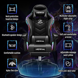 Floor Gaming Chair-135°Reclining Adjustment Gaming Chairs for Adults, with Massager Lumbar Support and Telescopic Footrest Ergonomic Office Chair, Race Game Chair (Black red)
