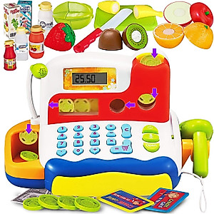 FUNERICA Toy Cash Register with Scanner, Microphone, and Interactive Calculator. Includes Grocery Food, Cuttable Fruit, Pretend Play Money - for Toddlers and Kids