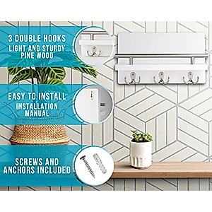 Comfify Key Holder for Wall - Natural Pine Wood Texture, Modern Decorative Finish, Metal Key Hooks with Mail Organizer/Sorter Slot White