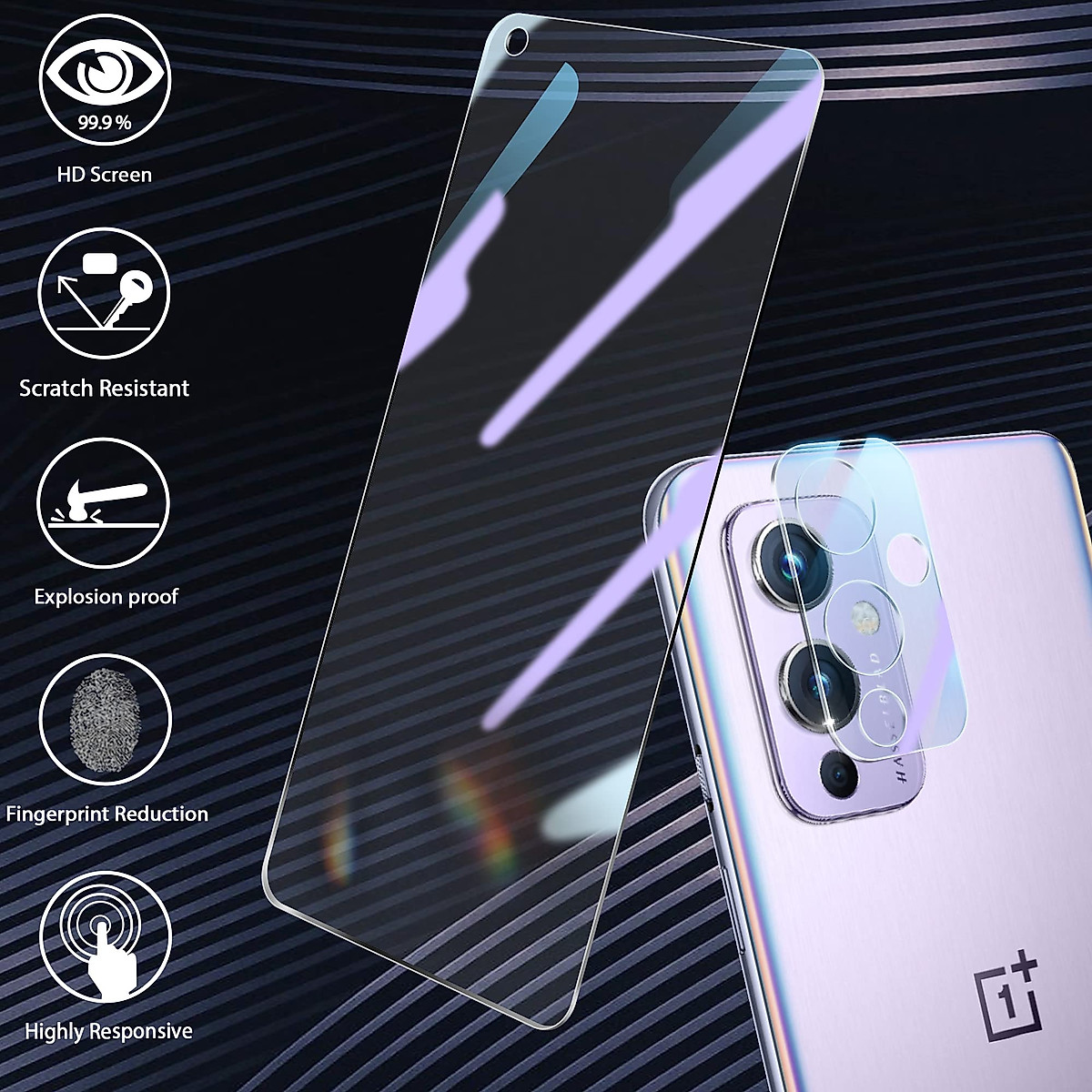 Orzero (2+2) Compatible for OnePlus 9, 2 Pack Tempered Glass Screen Protector + 2 Pack Glass Compound Acrylic Camera Lens Protector Anti-Scratch High Definition