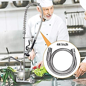 KWODE Pre-rinse Hose 44" Flexible Stainless Hose Replacement Kit For Commercial Kitchen Sink Faucet On Compartment Sinks with Spray Valve