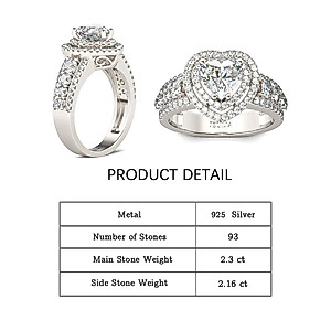 Jeulia Double Halo Heart Cut Ring 925 Sterling Silver CZ Solitaire Engagement Ring White Diamond Promise Rings with Side Stones Romantic Gift for Her (6.5)