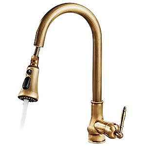 Vintage Brass Antique Bronze Kitchen Faucet Single Hole Copper Mixer Taps with Pull Down Sprayer (Stream,Spray,Powerful aquablade) (3 Functions Sprayer)