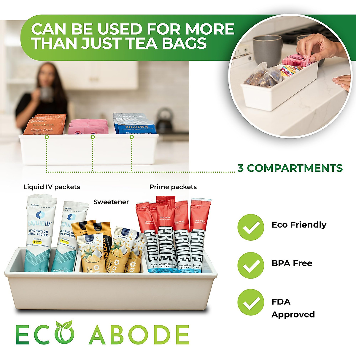 Modern Tea Bag Organizer - Small Bamboo Eco-Friendly Countertop Tea Organizer for Tea Bags - Tea Box Organizer for Hot Tea Storage, Teabag Caddy, Drink Packet Organizer, Kcup Coffee Pod Holder (White)