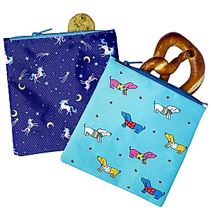 Yumbox Reusable Fabric Sandwich and Snack Bags (Set of 2 Unicorns and Cute Dog prints) for toddlers and kids' lunches. Zip Closure, Wide Opening, Washable, Food Safe, BPA Free, large 8x8 in.