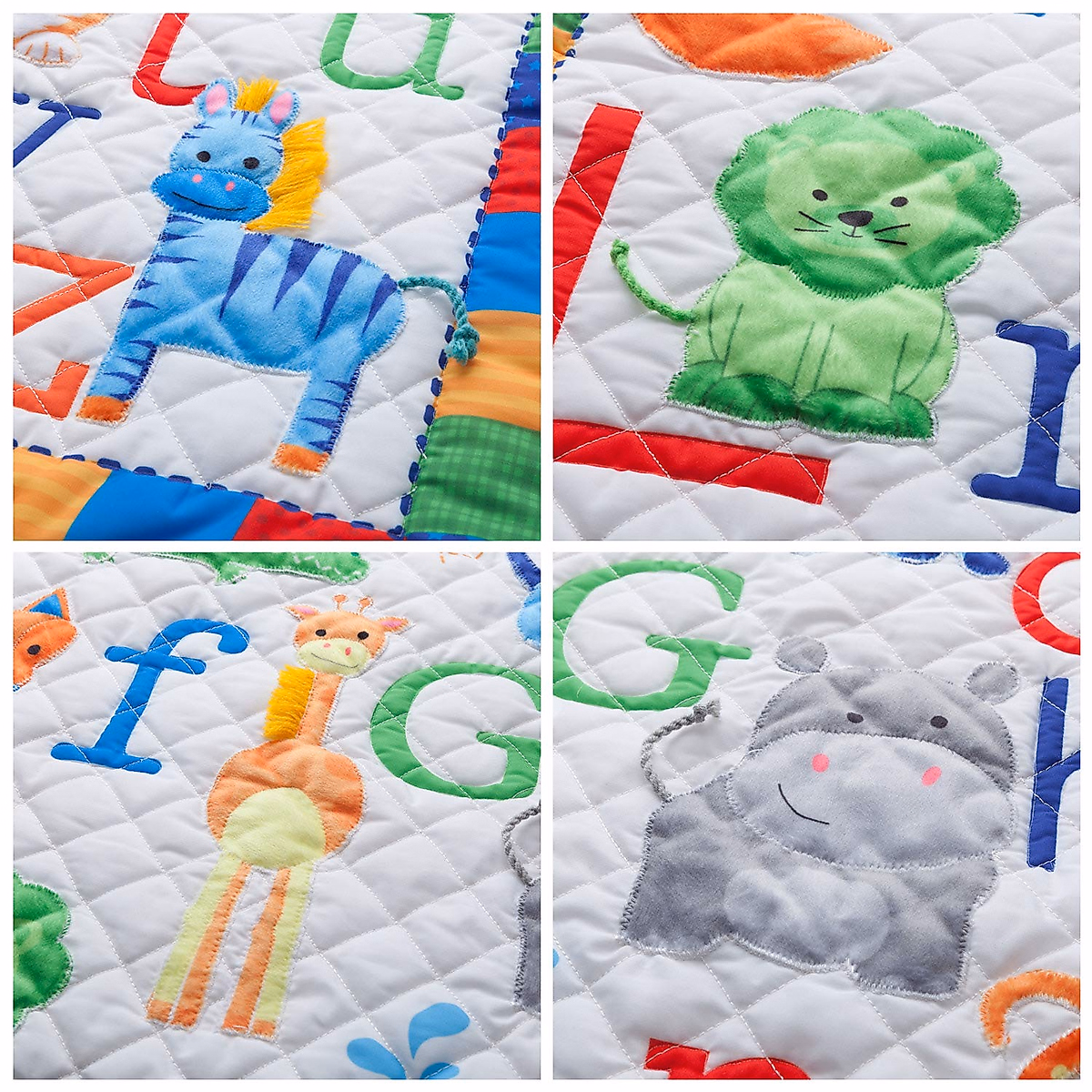 Personalized Planet Primary Color Boy's ABC Quilt with Custom Name Embroidered in Blue Thread on Rectangular Blanket with Alphabet Letters and Cartoon Animals, 31x40