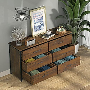 IKENO 6 Drawer Double Dresser, Industrial Wood Dresser for Bedroom, Storage Cabinet with Sturdy Steel Frame