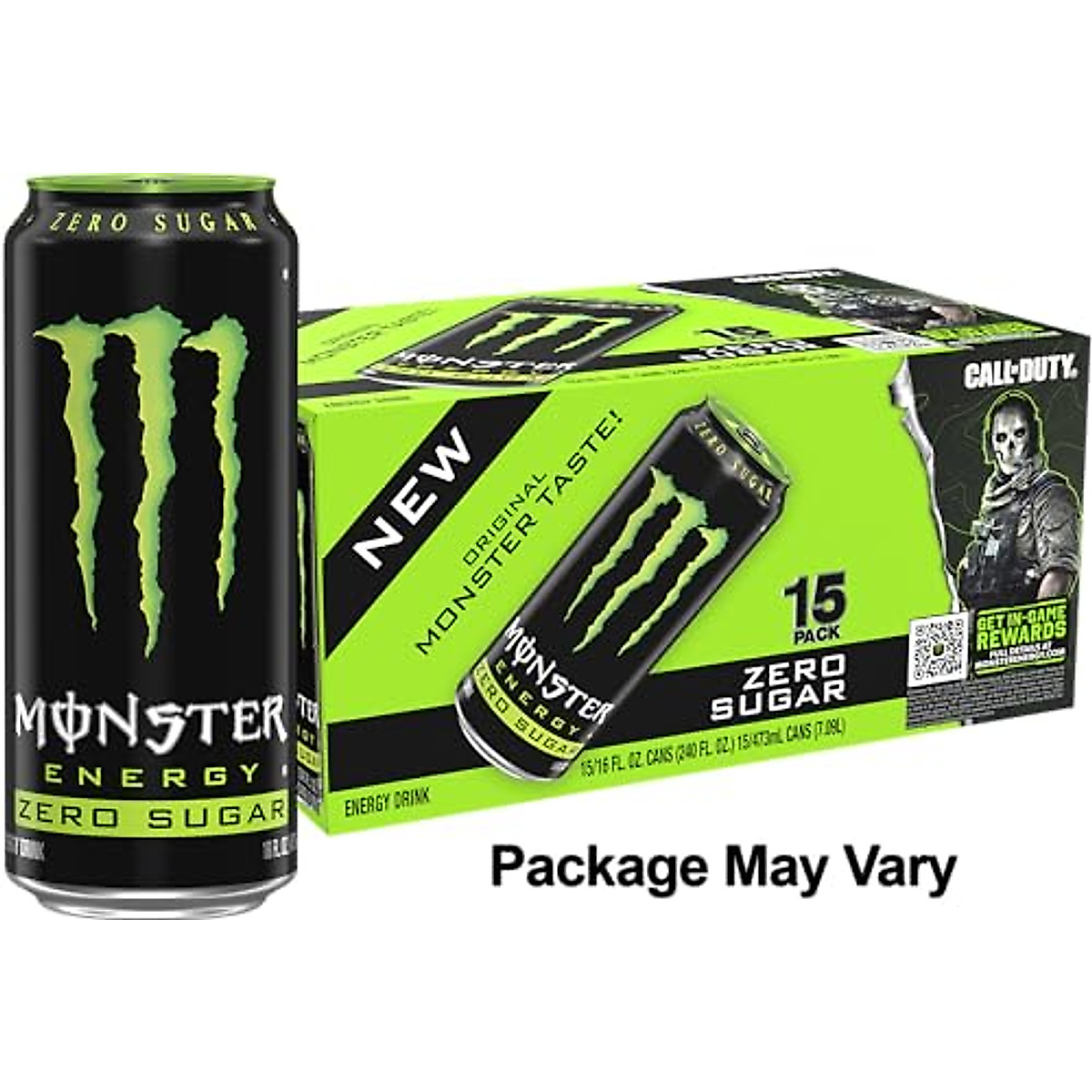 Monster Energy Zero Sugar, Green, Original, Low Calorie Energy Drink, 16 Fl Oz (Pack of 15)