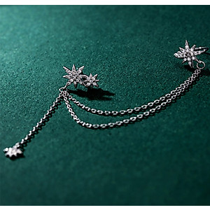 Ofeiyaa 6Pcs Tassel Ear Cuff Butterfly Snowflake Flower Star Moon Leaf CZ Cuff Earring Chain Set Crawler Climber Dangling Chain Wrap Clip on Earrings Jewelry for Women Men