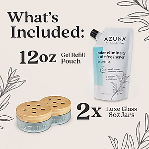 Azuna Air Freshener & Odor Eliminator Gel 2 Room Kit, Includes (2) 8 oz. Empty Luxe Glass Jars & 12 oz. Refill with Tea Tree Essential Oil, Amalfi Breeze, Works 24/7 for 60-90 Days