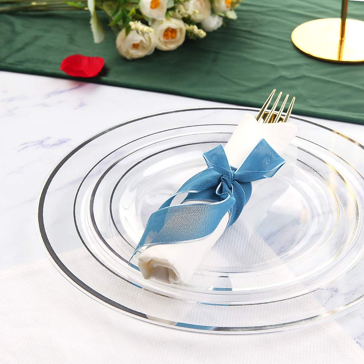 I00000 96 Pieces Clear Silver Plastic Plates, Clear Disposable Plates with Silver Rim Heavy Duty Fancy Wedding Party Plates Include 48 Dinner Plates 10.25" and 48 Dessert Appetizer Plates 7.5"