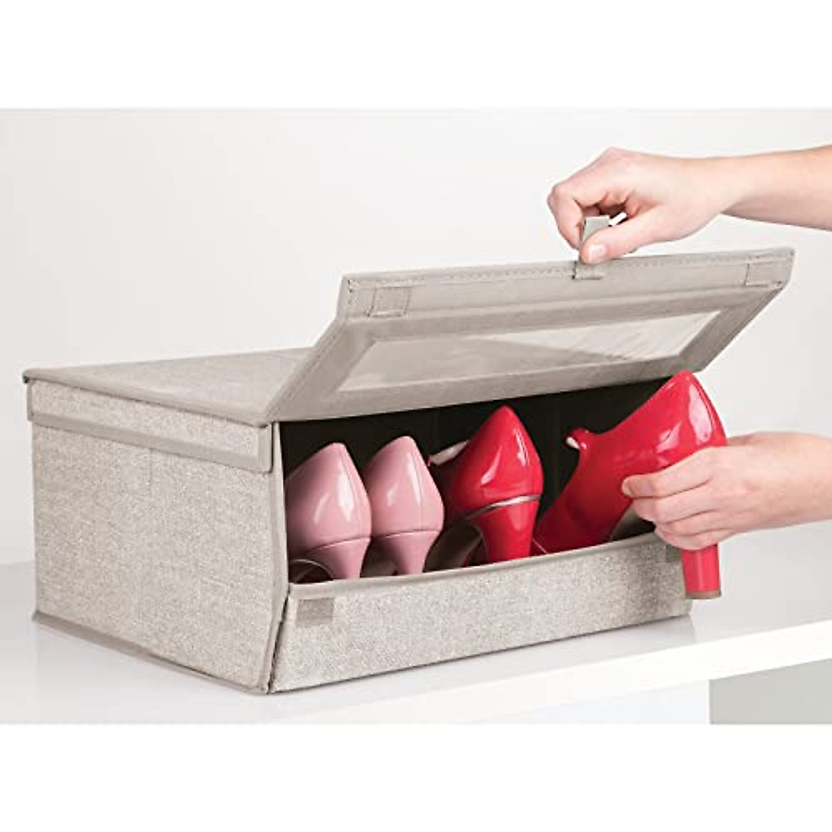 mDesign Large Fabric Closet Shoe Storage Box w/Clear Window - Shoe, Sandal, Sweater, Linen, Clothes Organizer - Boot Storage Solutions - Shoe Bin - Lido Collection, 8 Pack, Linen/Tan