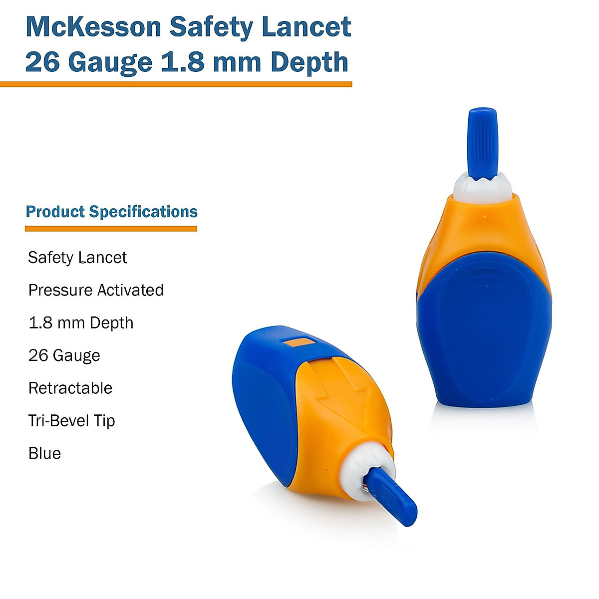 McKesson Safety Lancet, Retractable, Pressure-Activated Finger Device, Sterile - Ideal for Blood Testing - Single Use, 26 Gauge, 1.8mm Depth, 100 Count, 1 Pack