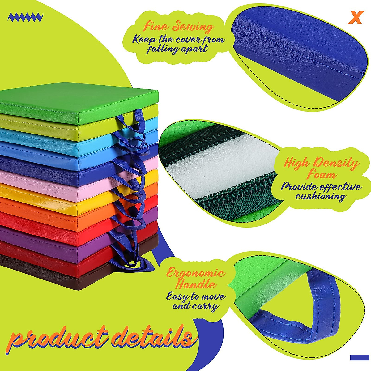 Sawysine 12 Pcs Floor Cushions Classroom Flexible Floor Seating with Handle for Kids in Home School Classroom Kindergarten Daycare Nursery (Classic Color, Square)