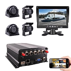 JOINLGO 4 Channel GPS WiFi 1080P AHD SSD/SD Drive Mobile Vehicle Car DVR mdvr Video Recorder Kit Real-time Remote View on PC Phone with 4 Side Rear View IR Car Cameras 7" Screen for Truck Bus