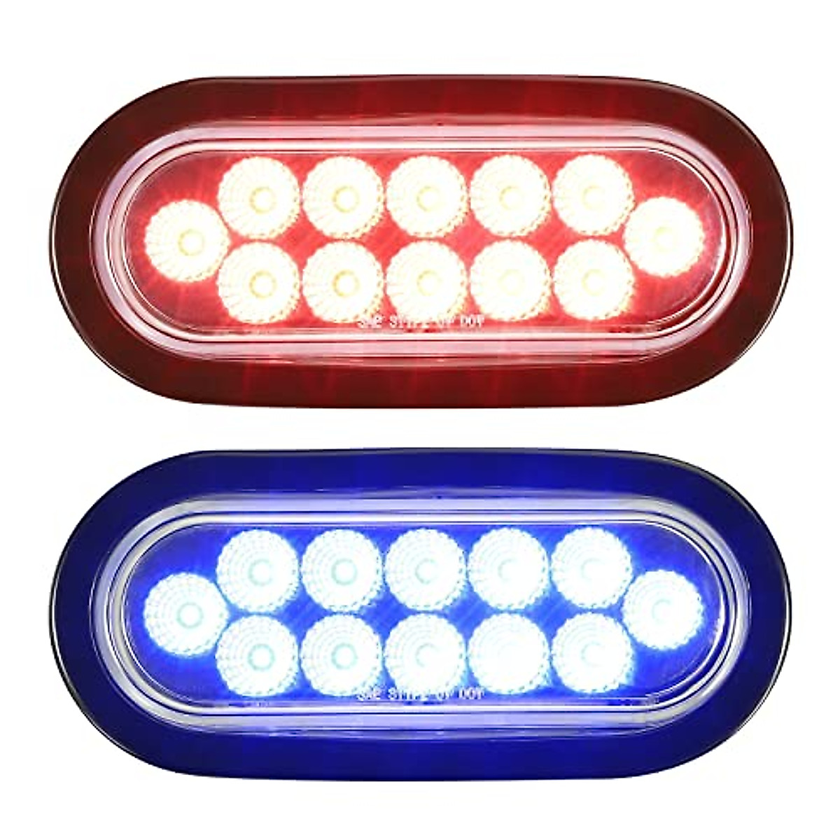 Partsam 2Pcs 6.7 Inch Oval Red Stop Turn Tail Lights and Blue Auxiliary Lights Kit 12 Diodes w/Rubber Grommets & 3-Prong Wire Pigtails Red/Blue Oval Led Truck Trailer Tail Lights and Auxiliary Lights