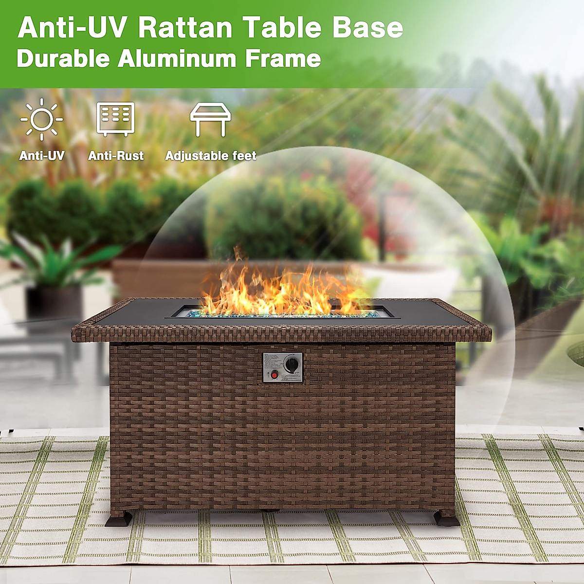 HOMREST 44in Propane Fire Pit Table 50,000 BTU Indoor Auto-Ignition Gas Firepit CSA Certification Rattan Base with Glass Wind Guard Waterproof Cover for Patio Garden (Dark Brown)
