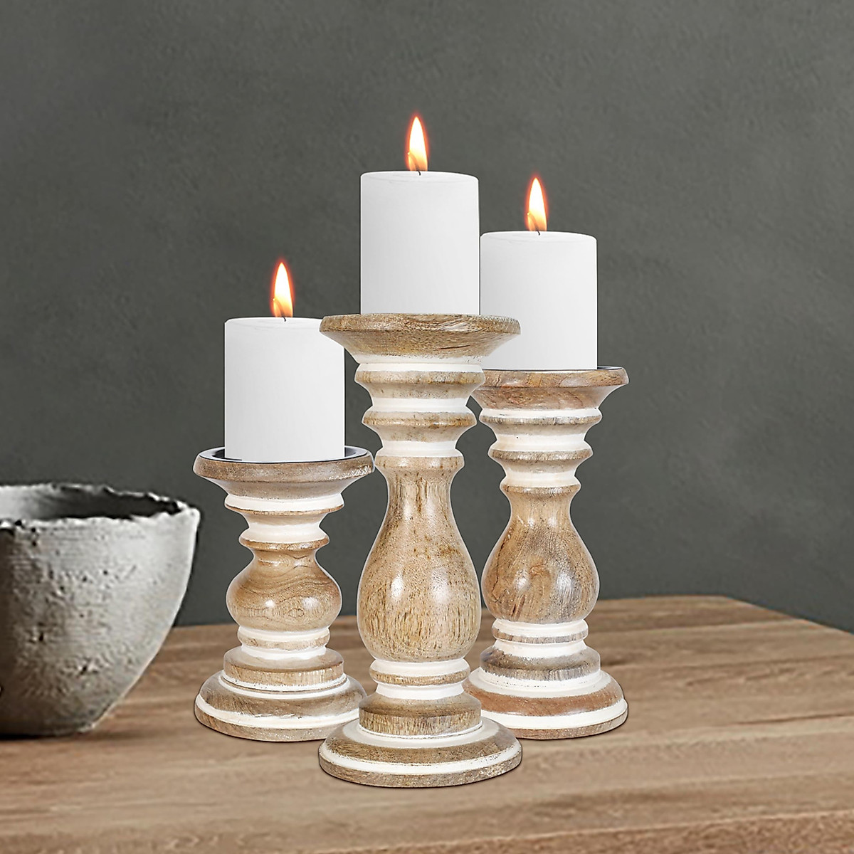 Wood Candle Holder, Candle Holder for Christmas Decoration, Wooden Pillar Candle Holder, Tall Candle Holders, Farmhouse Candle Holder, Candle Holder Set of 3, Height (10+8+6) inch White Wash