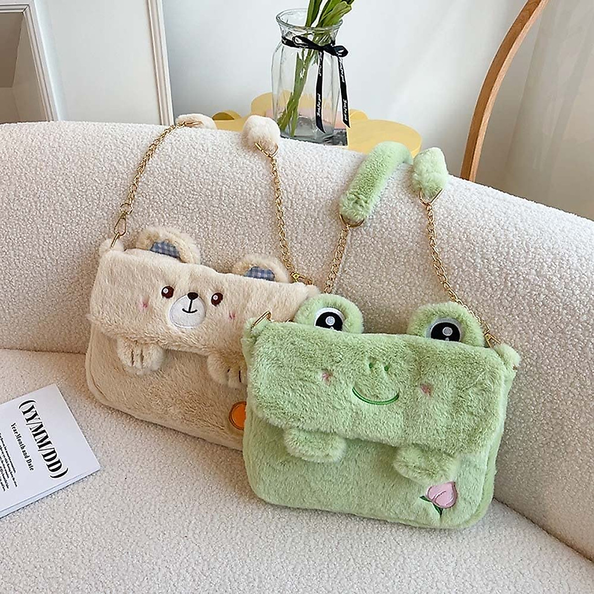 Plush Animal Handbag Crossbody Bag, Cute Lolita Plush Purse, Funny Birthday Gift for Women Girl(green)