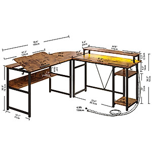 IRONCK L Shaped 70.8" Computer Corner Desk with LED and Power Outlets, 95" I-Shaped Two-Person Reversible Drafting Table with Storage Shelves & Monitor Stand for Home Office, Bedroom, Brown