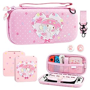 FUNDIARY Cute Carrying Case for Nintendo Switch and Switch OLED, Hard Portable Travel Case for Switch and Switch OLED, Case Accessories Bundle with Game Case and 2 Thumb Caps - Anime Bunny