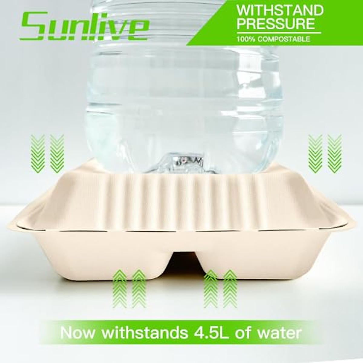 Sunlive 100% Home Compostable 50 Pack Disposable Clamshell Take Out Food Containers, 8X8'' 3-Compartment to go Containers, Biodegradable Heavy-Duty to go Boxes, Made of Sugarcane Fibers