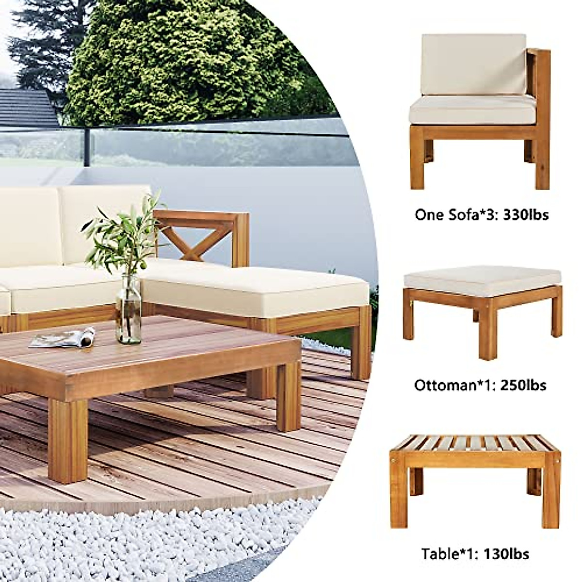Goohome 5-Piece Wood Patio Furniture Set, L-Shaped Outdoor 3-Seater Sectional Sofa Seating Group ConversationSets with Coffee Table and Water-Resistant Cushions, for Patio, Backyard