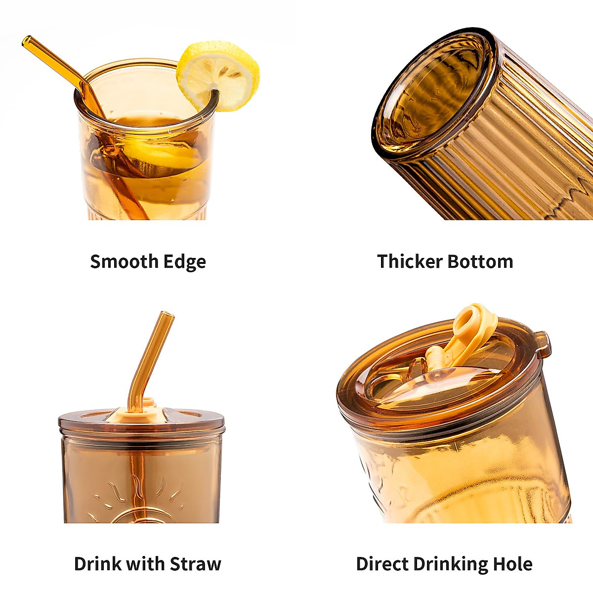 BLUEPOLAR 20oz Glass Cups with Lids and Straws, Iced Coffee Tumbler Reusable Bubbly Tea Cups, Smoothies Glass Cups with Wide Mouth and Thicken Wall/Amber