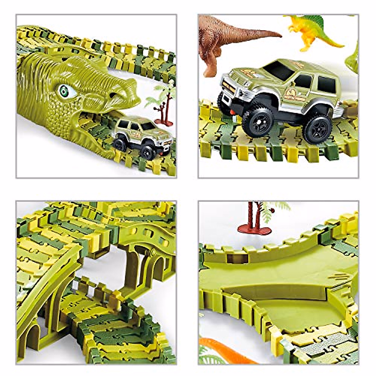 Dinosaur Toys, 260 Pcs Dinosaur Car Race Track Toy with 3 Cars Playset, Includes 250 Flexible Train Track, 7 Dinosaur and 2 Dinosaur Head Best Gift for Boys Girls Ages 3 4 5 6 7Years Old and Up