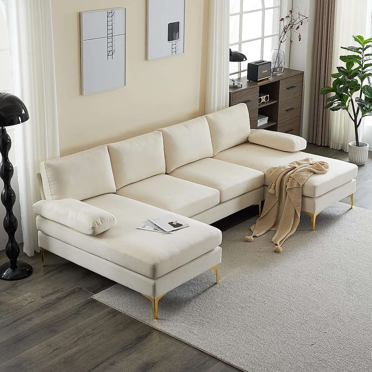 Artisasset Sectional Sofa Couch U-Shape 110" Sectional Sofa Linen Fabric Sofa Set with Double Chaise for Living Room, Studio, Office, Apartment, Beige