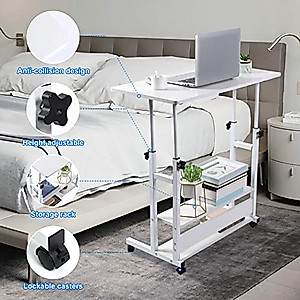 Portable Desk for Bedroom Height Adjustable 31x16 inch Storage Rolling Desk Modern Laptop Table Home Office Workstation Sofa Side Table with Wheels for Living Room Mobile Couch Small Study Desk White