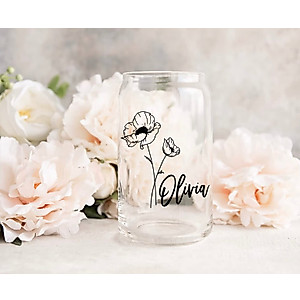 Home and Plan Personalized Birth Flower Jar Cup with Bamboo Lid & Plastic Straw, 16 oz, Bridesmaids, Bachelorette Gifts, Gifts for Mom, Flower Design Tumbler, Iced Coffee Glass